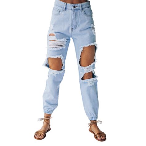 Дамски скъсани дънки с прави крачоли миди талия дънкови панталони с изрязани дупки широки