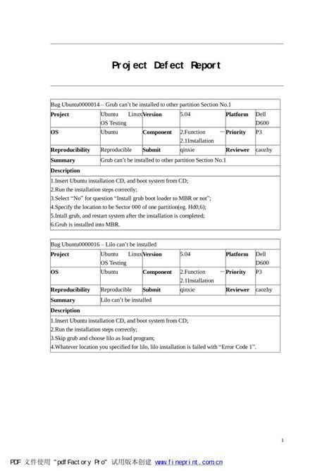 Pdf Project Defect Report · 1 Run Install 2 Partition The System Correctly 3 Format