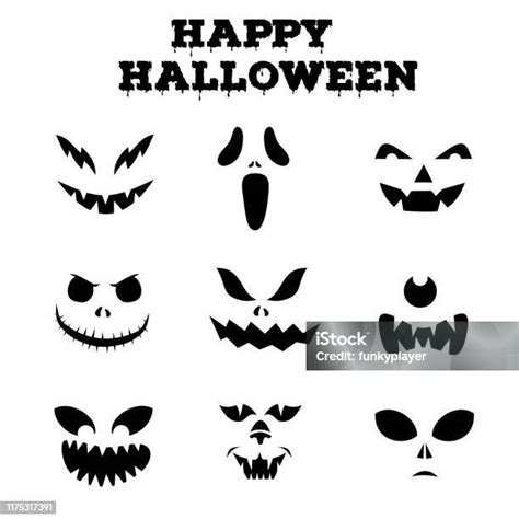 할로윈 호박의 컬렉션 조각 얼굴 실루엣 흑백 이미지입니다 벡터 일러스트레이션 가공의 인물에 대한 스톡 벡터 아트 및 기타 이미지 가공의 인물 공포 무서움 공휴일