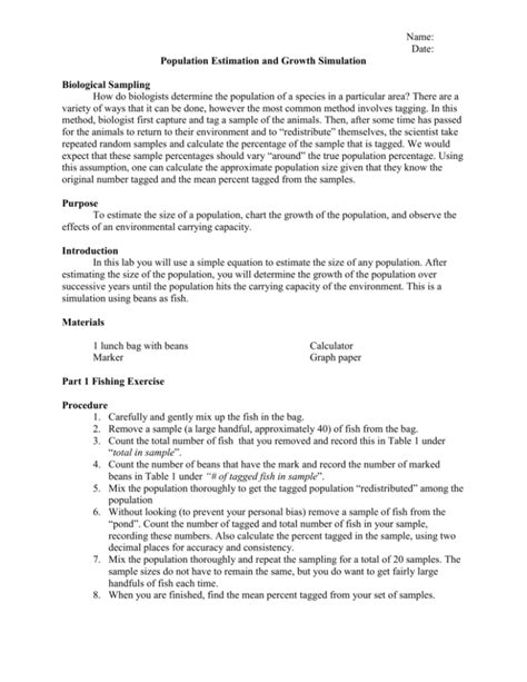 Population Estimation And Growth Lab Worksheet