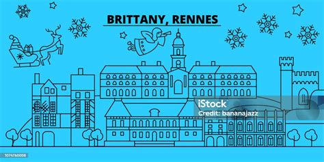 프랑스 렌 겨울 휴일 스카이 라인입니다 메리 크리스마스 해피 뉴가 어 장식 산타 Clausfrance 렌 선형 크리스마스 도시 벡터 평면 일러스트와 배너 0명에 대한 스톡