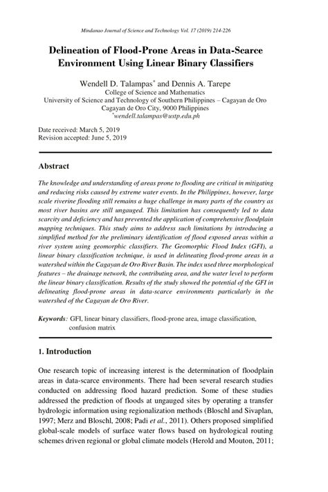 PDF Delineation Of Flood Prone Areas In Data Scarce Environment Using Linear Binary Classifiers