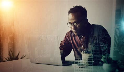 Black Man Laptop And Night With Overlay Analysis Or Reading For Web Design Website Ux Or
