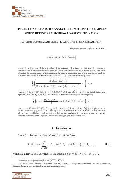 Pdf On Certain Classes Of Analytic Functions Of Complex Order Defined