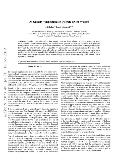 Pdf On Opacity Verification For Discrete Event Systems