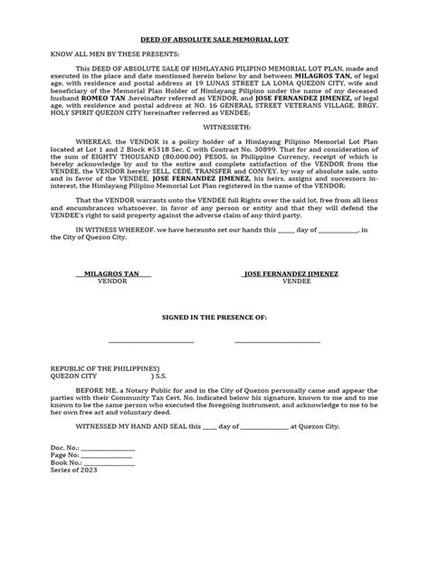 Deed Of Sale Memorial Lot Download Free Pdf Deed Legal Documents