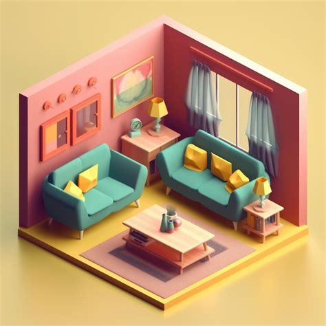 귀엽고 아늑한 소파 커피 테이블 창문 커튼 시계 프레임 및 기타 가구를 갖춘 3d 일러스트레이션의 아이소메트릭 로우폴리 거실