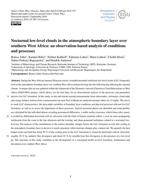Pdf Nocturnal Low Level Clouds In The Atmospheric Boundary Layer Over Southern West Africa An