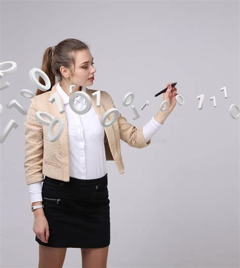 Woman Working With Binary Code Concept Of Digital Technology Stock