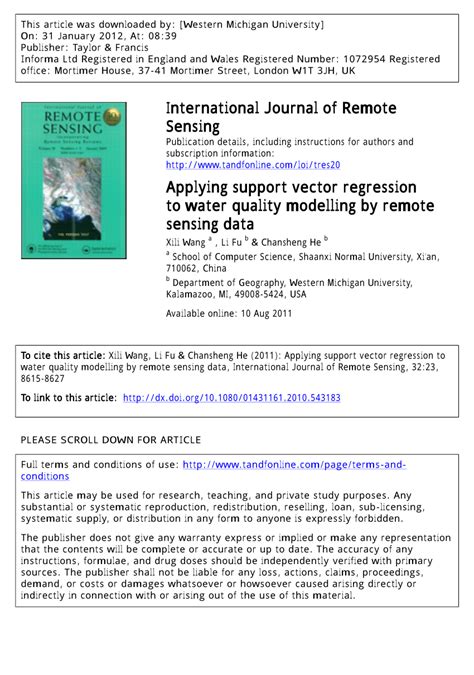 Pdf Applying Support Vector Regression To Water Quality Modelling By Remote Sensing Data