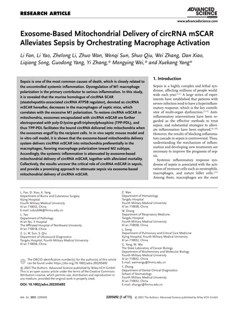 Pdf Exosome Based Mitochondrial Delivery Of Circrna Mscar Alleviates Sepsis By Orchestrating