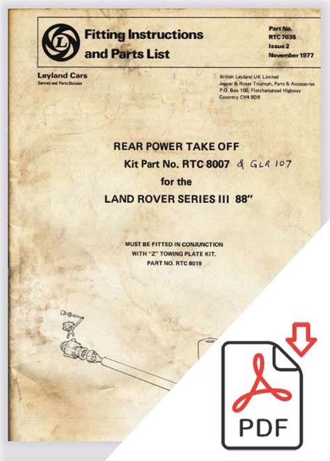 Rear Power Take Off Fitting Instructions And Parts List Land Rover