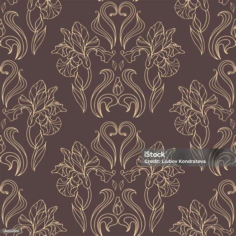 황금 우아한 홍채 꽃 아르 누보의 벡터 일러스트레이션 현대 매끄러운 빈티지 다마스 패턴 벽지 직물 인쇄 포장에 대한 식물 그림