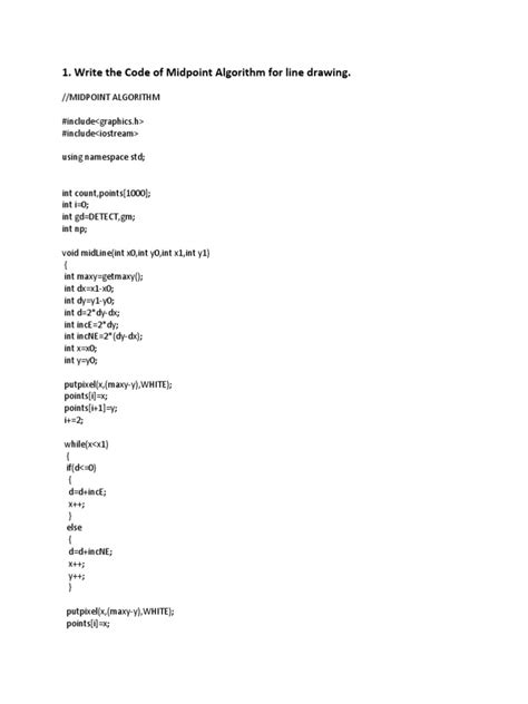 Write The Code Of Midpoint Algorithm For Line Drawing Pdf Computer