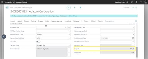 Sales Order Deposit In Microsoft Dynamics 365 Business Central