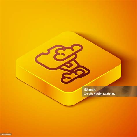 등각 투영 라인 낭만적 인 열기구 아이콘은 주황색 배경에 고립되어 있습니다 여행을 위한 항공 운송 노란색 사각형 버튼입니다 벡터