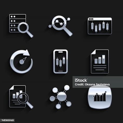 모바일 주식 거래 프로젝트 팀 기반 재무 성장 그래프 차트가 있는 문서 디지털 속도 측정기 브라우저 주식 시장 및 서버 아이콘을 설정합니다 벡터 검색에 대한 스톡 벡터 아트