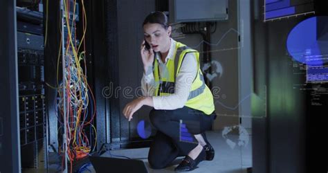 image of data processing over caucasian female worker in server room