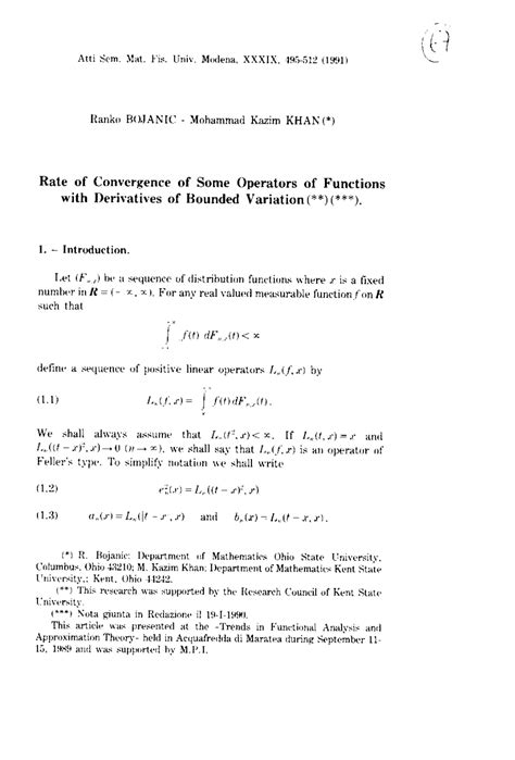 Pdf Rate Of Convergence Of Some Operators Of Functions With Derivatives Of Bounded Variation