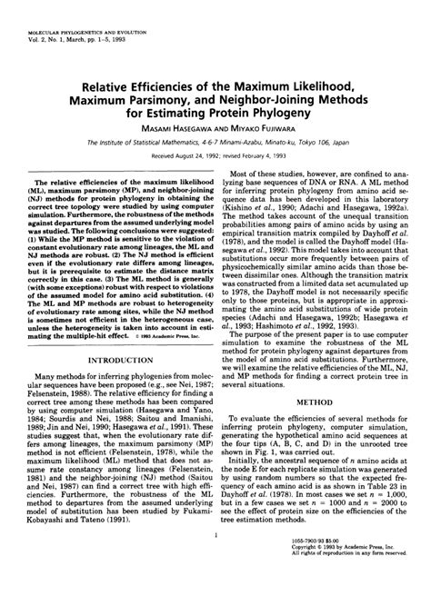 Pdf Relative Efficiencies Of The Maximum Likelihood Maximum Parsimony And Neighbor Joining