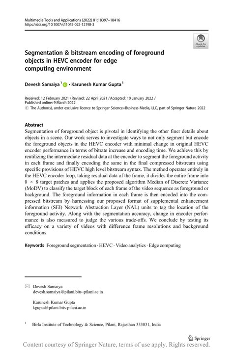 Segmentation And Bitstream Encoding Of Foreground Objects In Hevc Encoder For Edge Computing