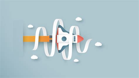 종이 절단 공예 및 종이 접기 스타일에서 시작 개념 벡터 일러스트 레이 션 로켓은 날고 있다 웹 배너 포스터 표지 광고에 대 한 템플릿 디자인입니다 그것은 아이 들을 위한