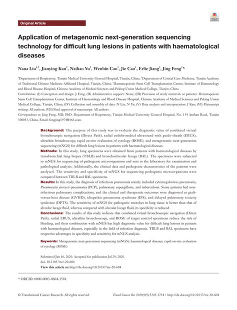 Pdf Application Of Metagenomic Next Generation Sequencing Technology