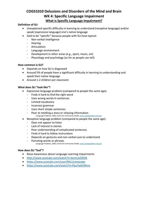 Cogs101 Weeks 1 11 Lecture Notes Cogs101 Delusions And Disorders Of The Mind And Brain Mq