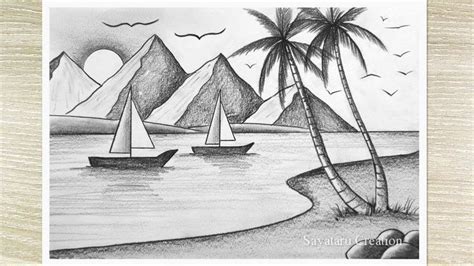 Beautiful Sea Beach Scenery Drawing With Pencil Sketch Pencil Drawing