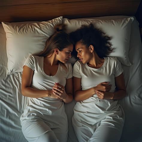 Two Women Are Sleeping On A Bed With White Sheets Premium Ai