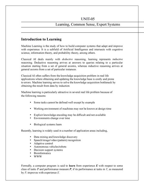 Notes Artificial Intelligence Unit 5 Unit Learning Common Sense
