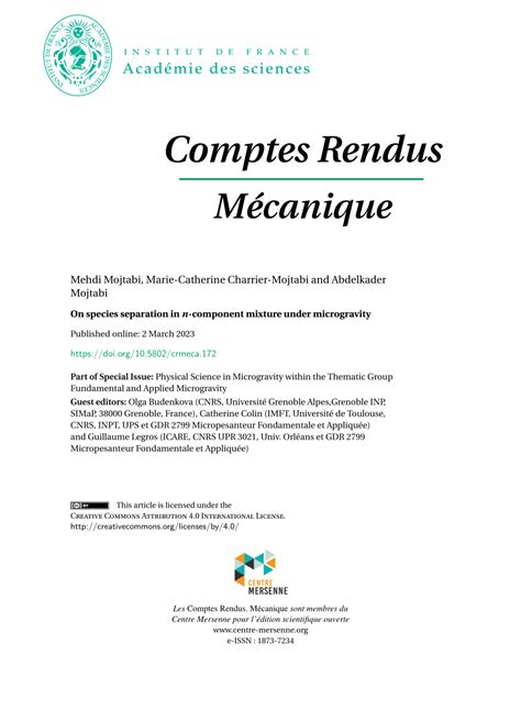 Pdf On Species Separation In N Component Mixture Under Microgravity