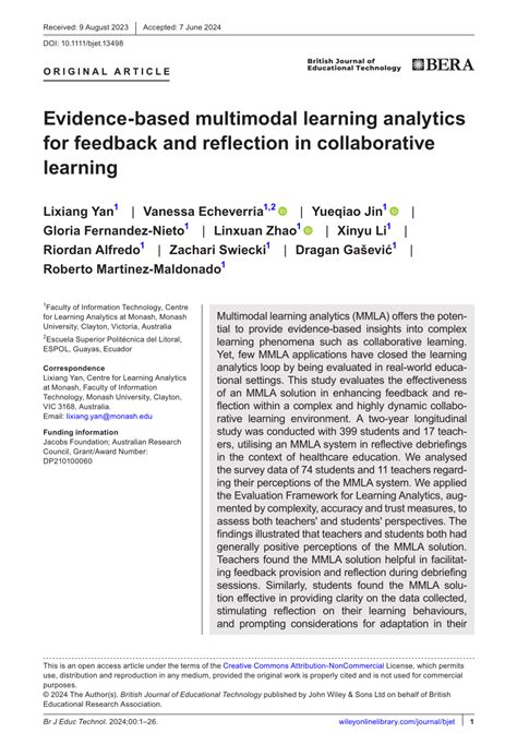 Pdf Evidence‐based Multimodal Learning Analytics For Feedback And Reflection In Collaborative