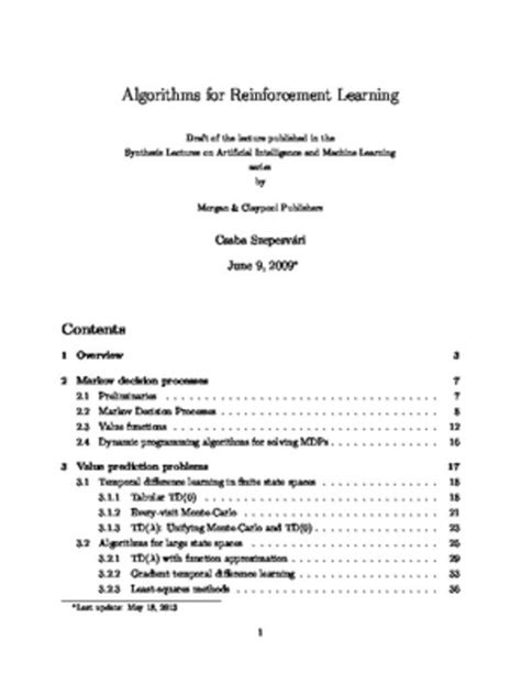 Algorithms For Reinforcement Learning By Unknown Bookfusion
