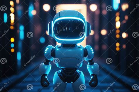 Glowing Humanoid Robot Stands Confidently in a Futuristic Corridor Illuminated by Soft Blue ...