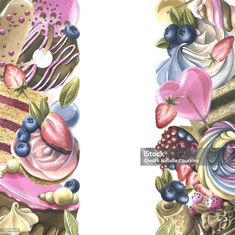 브라우니 도넛 마시멜로 막대 사탕 딸기 블루베리를 곁들인 케이크 손으로 그린 수채화 그림 템플릿 흰색 배경에 프레임입니다 딸기에 대한 스톡 벡터 아트 및 기타 이미지