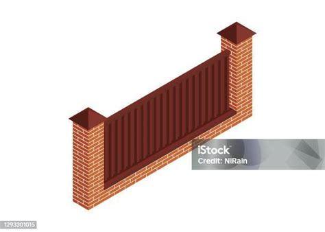 흰색 배경에 고립 된 등색 적색 벽돌과 철 울타리 프로파일링 된 시트 테두리가 등대 적 뷰입니다 기둥이 있는 3d 벡터 울타리입니다 금속 및 벽돌 벽 아이콘 플랫 스타일