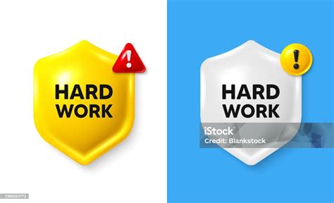 열심히 일하는 꼬리표 직업 동기 부여 제안 텍스트 상자가 있는 방패 3d 배너 벡터 3차원 형태에 대한 스톡 벡터 아트 및 기타