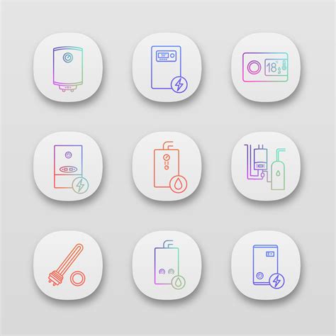Heating App Icons Set Ui Ux Interface Boilers Heaters Thermostat Boiler Room Gas And