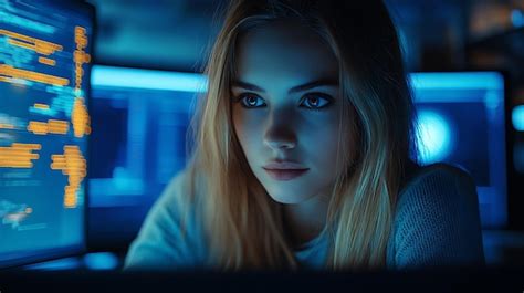 Female Cyber Security Analyst Analyzing AI Cyberspace Threats On Computer In Dark Tech Office