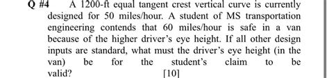 solved a 1200 ft equal tangent crest vertical curve is