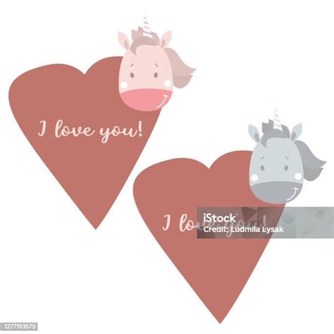 2 엽서 사랑의 선언 귀엽고 수줍은 유니콘 마음과 문구를 가진 소년과 소녀 나는 당신을 사랑합니다 벡터 스칸디나비아 디자인 인쇄 및 장식용 일러스트레이션 0명에 대한 스톡
