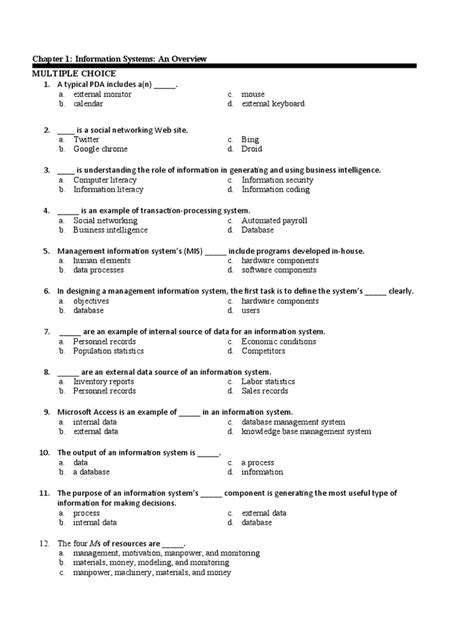 Chapter 1 Information Systems An Overview Multiple Choice Pdf