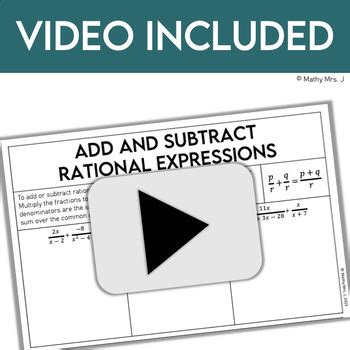 Add Subtract Rational Expressions Notes Worksheet Flipped Class Video