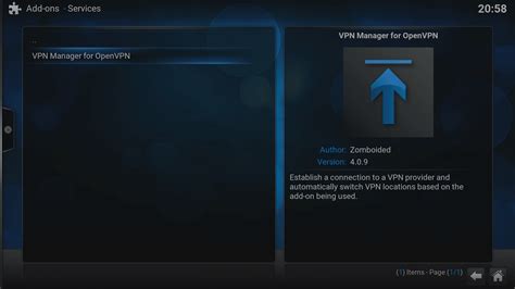 Kodi LibreELEC Správce VPN pro OpenVPN Systémové menu Oblast doplňků Nainstalovat z úložiště