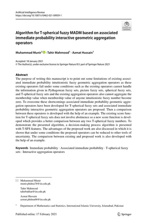 Pdf Algorithm For T Spherical Fuzzy Madm Based On Associated