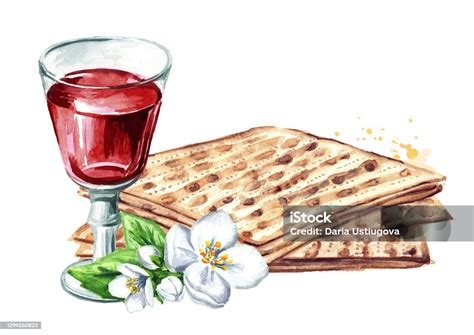 유리 봄 꽃과 마자 또는 마자에 레드 코셔 와인 유월절 세더 식사 페사흐 흰색 배경에 격리 된 수채화 손 그린 그림 공휴일에 대한 스톡 벡터 아트 및 기타 이미지 Istock