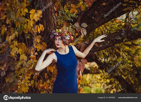 Sensual Woman With Fall Wreath Over The Autumnal Tree Stock Photo Oksixx