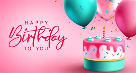 생일 축하 벡터 배경 디자인 파티 케이크 색종이 및 풍선 장식 요소가있는 메시지를위한 분홍색 공간의 생일 텍스트 3차원 형태에 대한 스톡 벡터 아트 및 기타 이미지 Istock