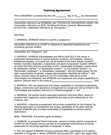 8 Teaming Agreement Templates Pdf Word